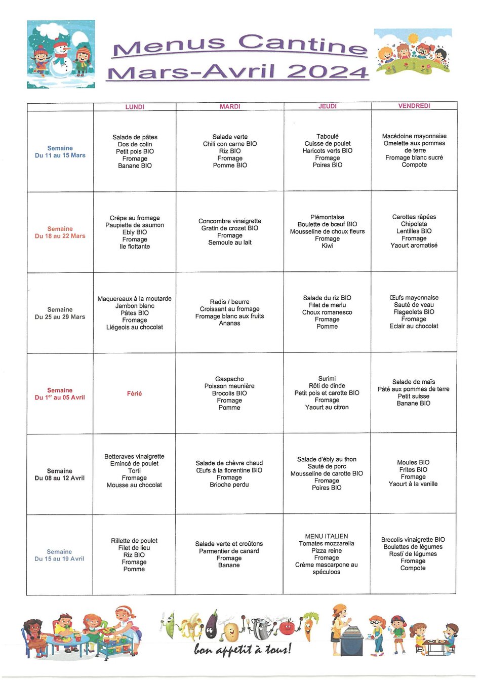 menus cantine : mars avril