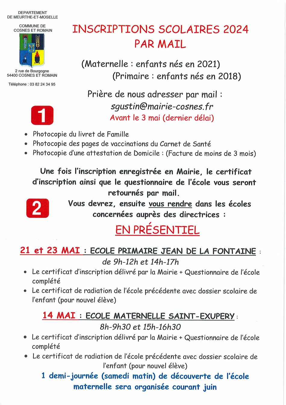 INSCRIPTIONS POUR LA RENTREE SCOLAIRE 2024